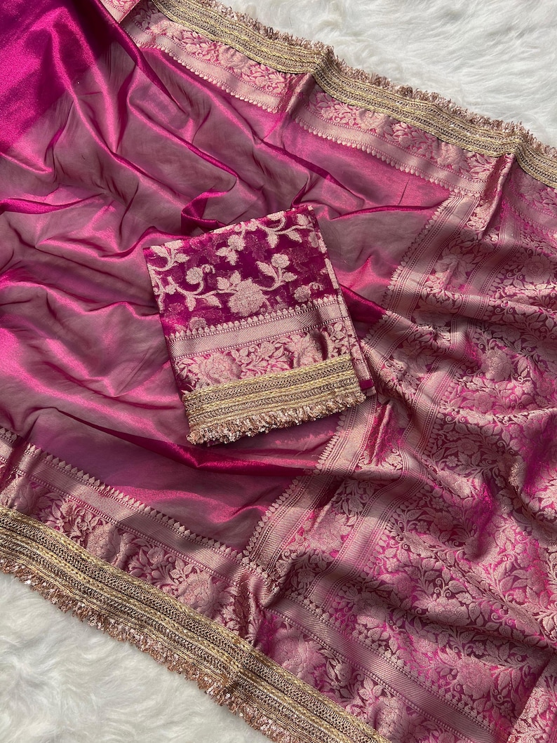 Banarasi Tissue Silk Saree: Red Zari Woven Floral Border, Wedding Lace ...