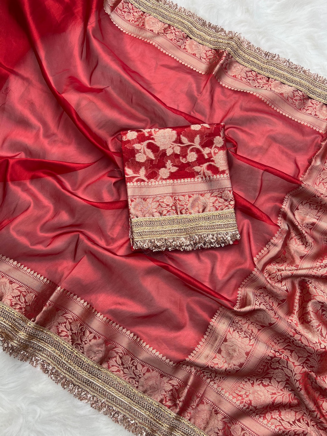 Banarasi Tissue Silk Saree: Red Zari Woven Floral Border, Wedding Lace ...
