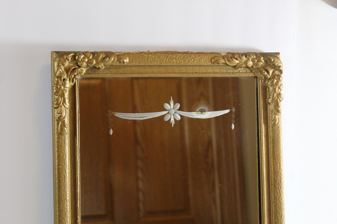 Antique Gold Framed Mirror Etched Design Ornate Frame Farm Home Cottage ...