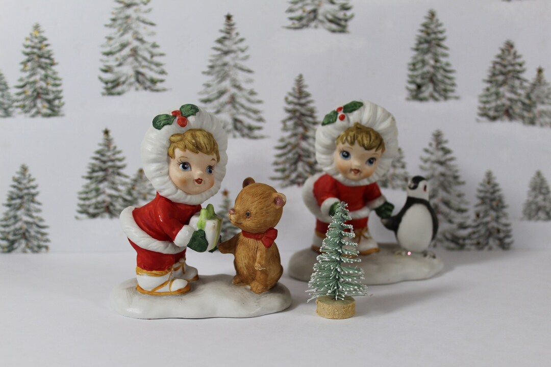 Lefton Porcelain Girl With Bear Girl With Penguin Figurines Geo Lefton ...