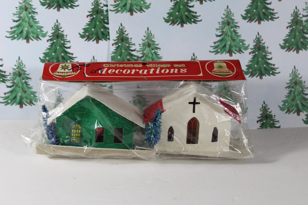 Putz House Mica House Snow Village House Church Brush Tree New Old ...