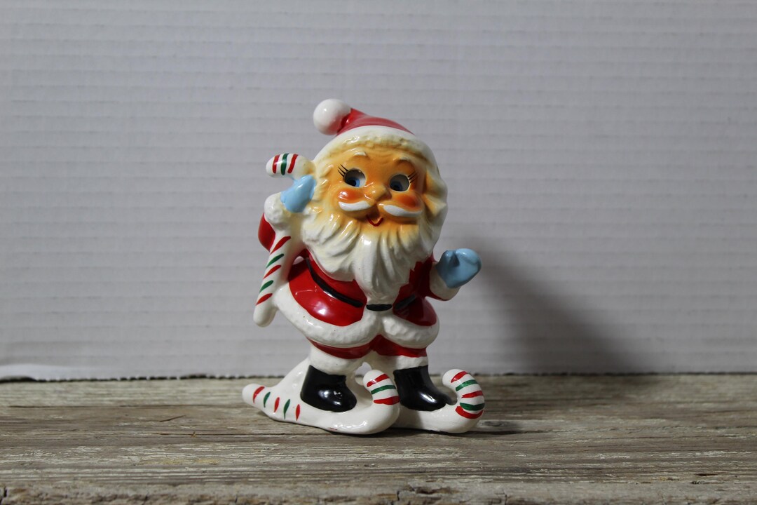Rare Santa With Winking Eyes Candy Cane Skis Vintage Christmas ...
