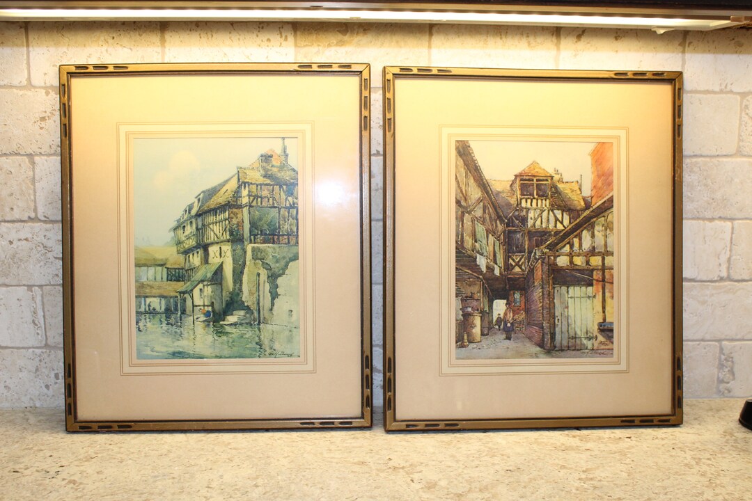 George Henry Downing Framed Art MCM City Scape Water Color Old Houses ...