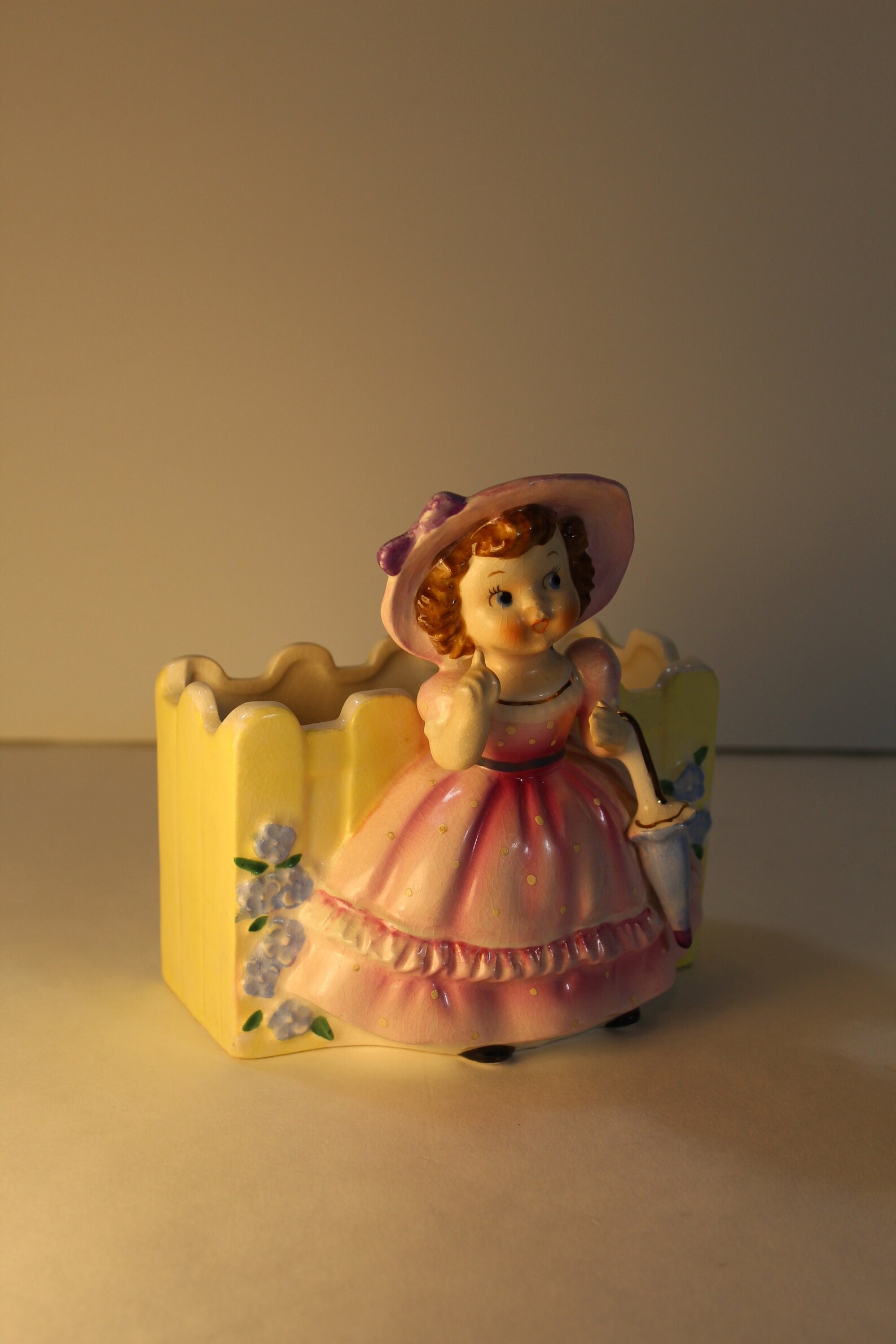 Rare Napco Planter Garden Girl With Parasol Yellow Garden Fence and ...