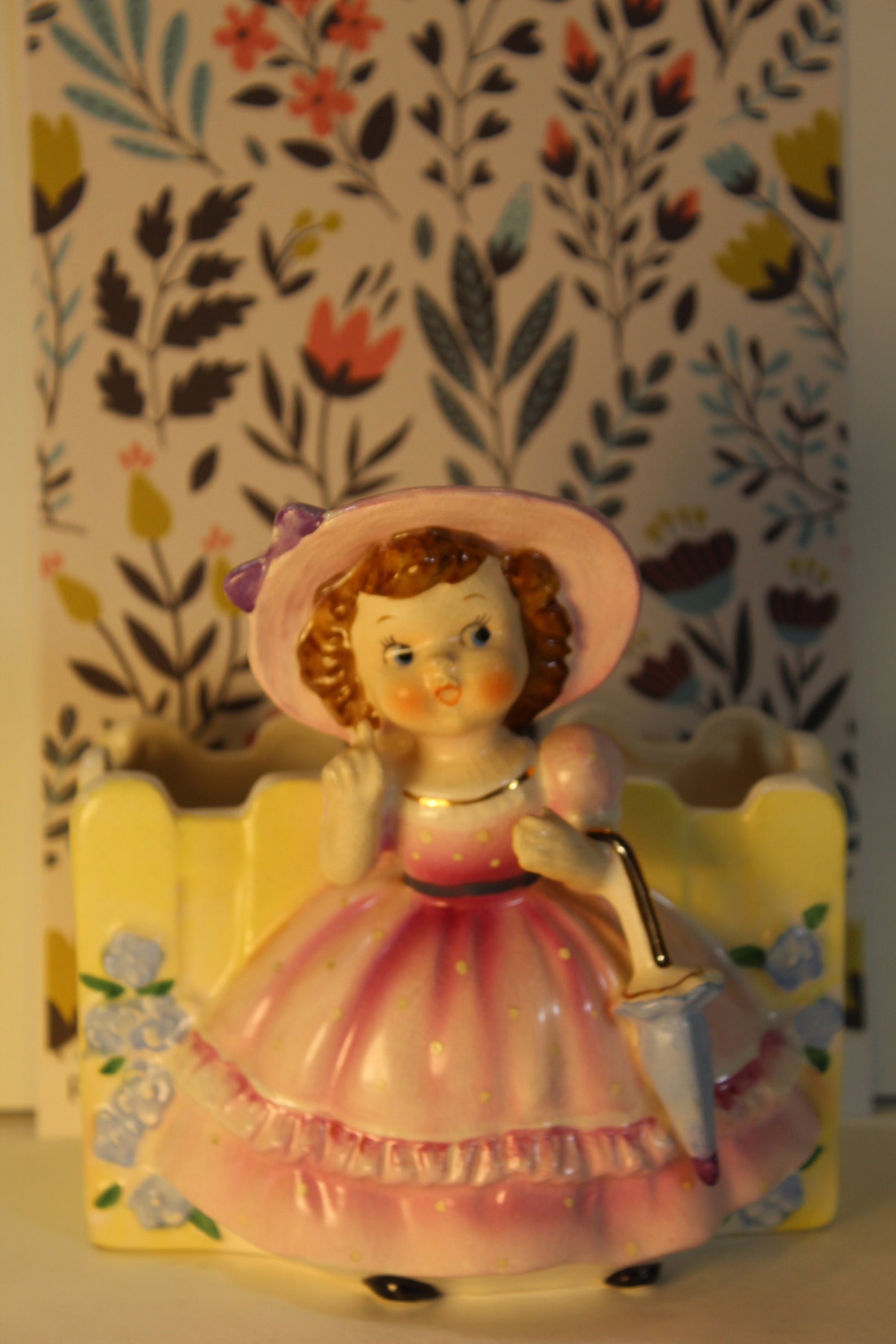 Rare Napco Planter Garden Girl With Parasol Yellow Garden Fence and ...