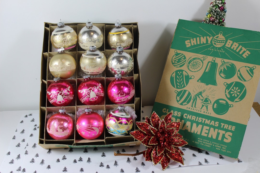 Shiny Brite Boxed Set Stencil Ornaments Silver Glass Ornaments Merry ...