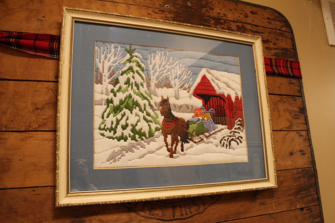 Vintage Needlework Winter Scene Sleigh Horses Crewel Sleigh Snow Bridge ...