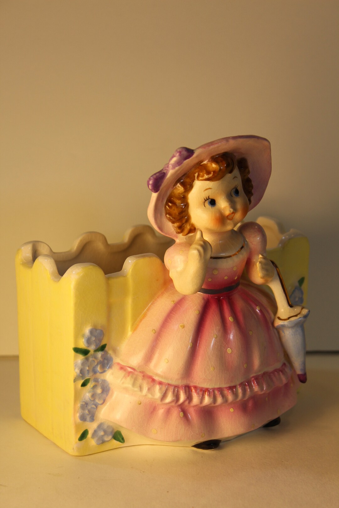 Rare Napco Planter Garden Girl With Parasol Yellow Garden Fence and ...