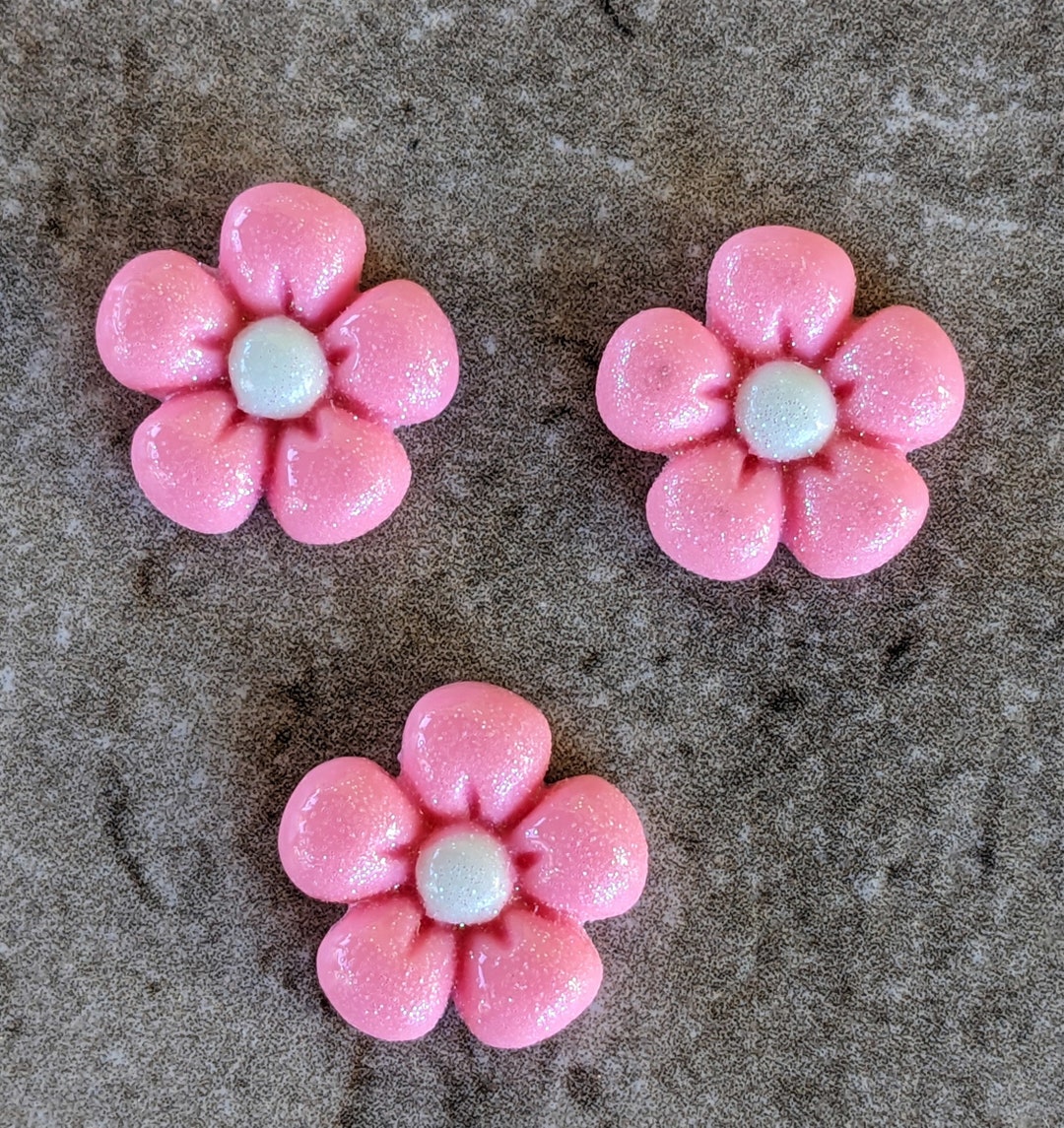 3 Bright Pink Glitter Touched Bubble Flower Flat Back Embellishment ...