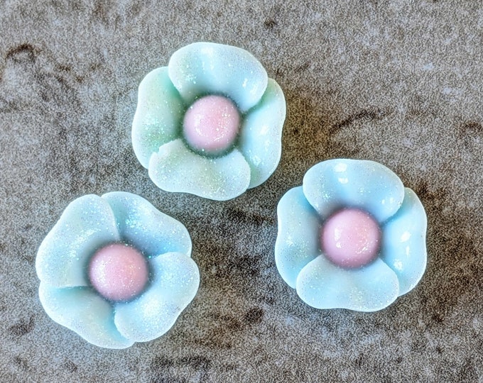 3 Light Blue Glitter Touched Flower Flat Back Embellishment Buttons ...