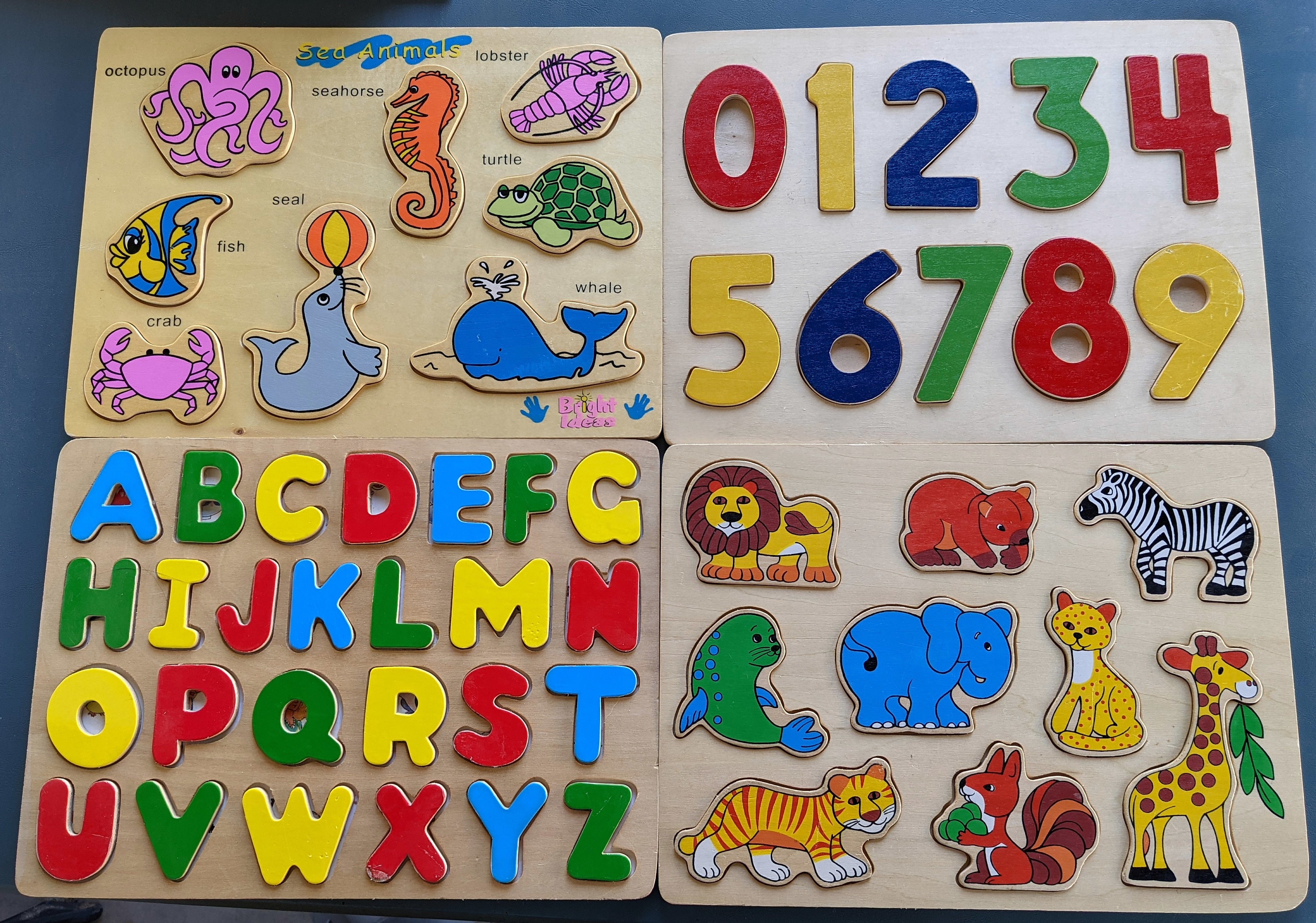 4 rompecabezas de madera vintage - Conjunto de animales, letras y ...