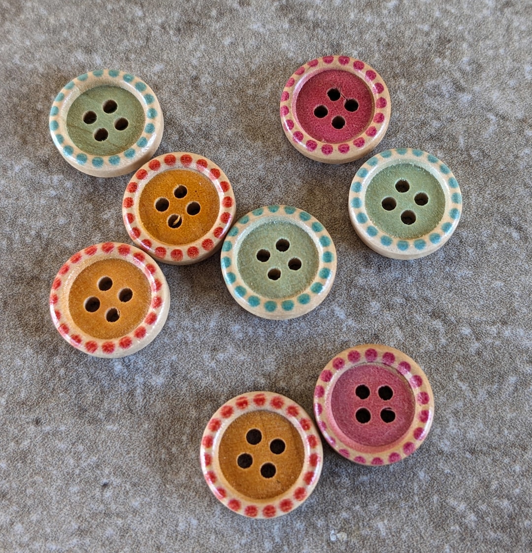 8 Painted Wood Dotted Rim Round Buttons Size 9/16" You Choose the Color ...