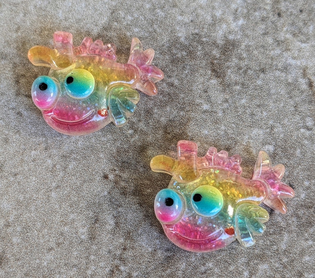 2 Rainbow Google Eye Puffer Fish Flat Back Embellishment Buttons Size ...