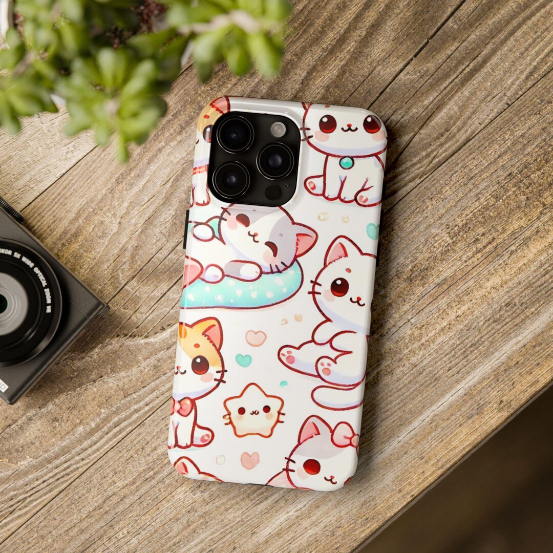Kawaii Cat Phone Case Cute Chibi Kitten Pastel Pattern Aesthetic ...