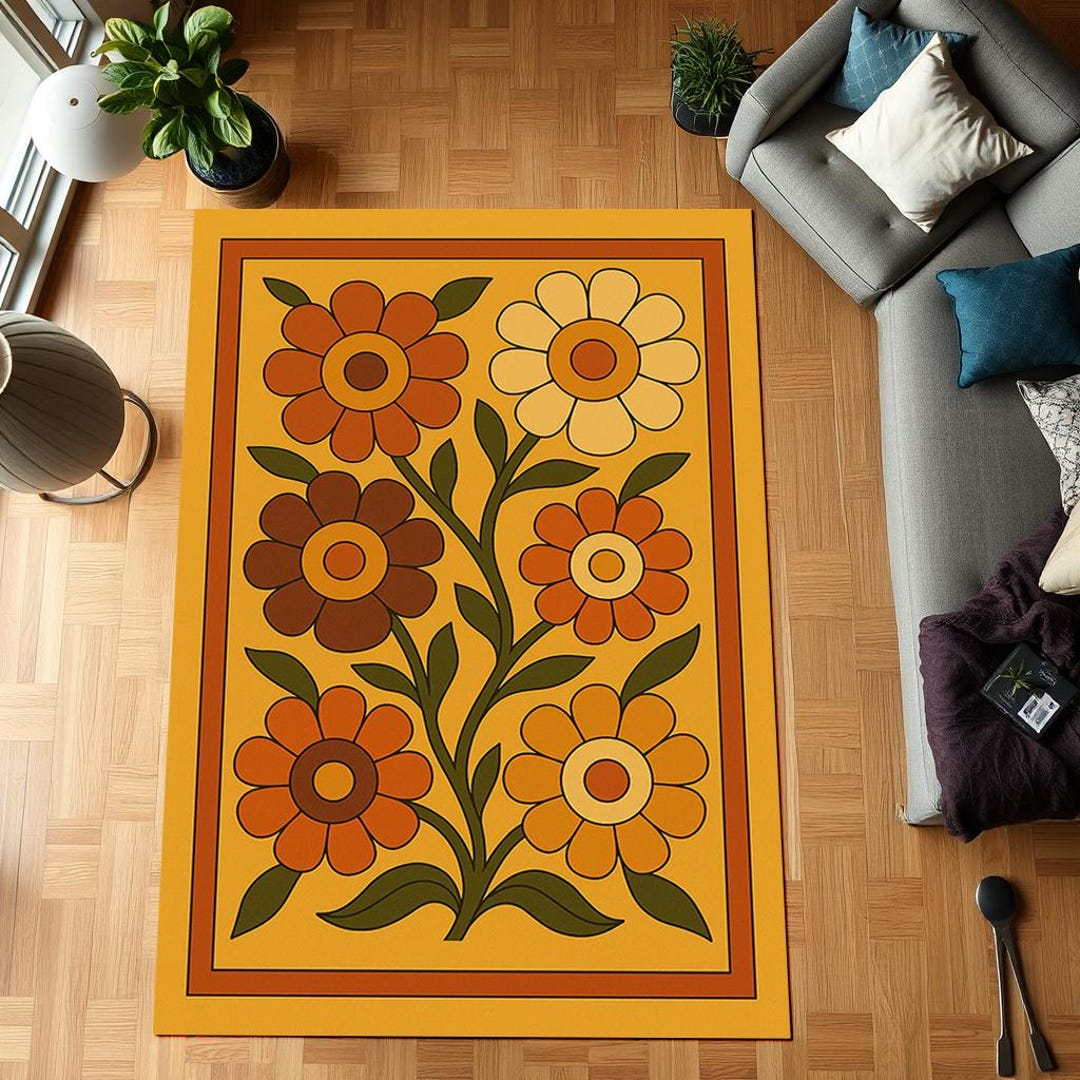 Retro 70s Daisy Carpet: Vintage Style Digitally Printed Rug - Etsy