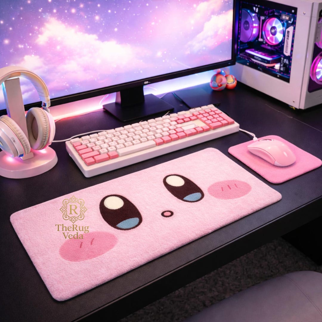Kawaii Pink Desk Mat Rug | Cute Cartoon Desk Mat | Handmade Tufted ...