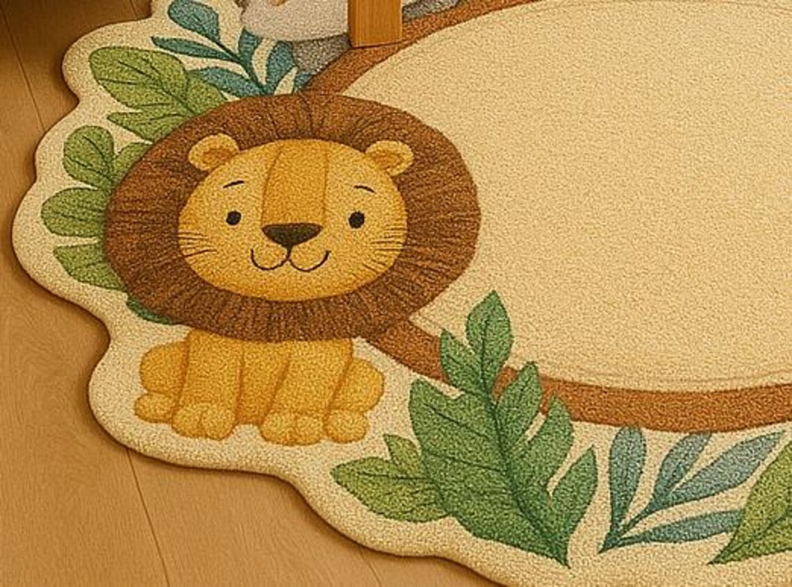 Hand Tufted Jungle Theme Wool Rug, Lion, Elephant, Giraffe & Monkey ...