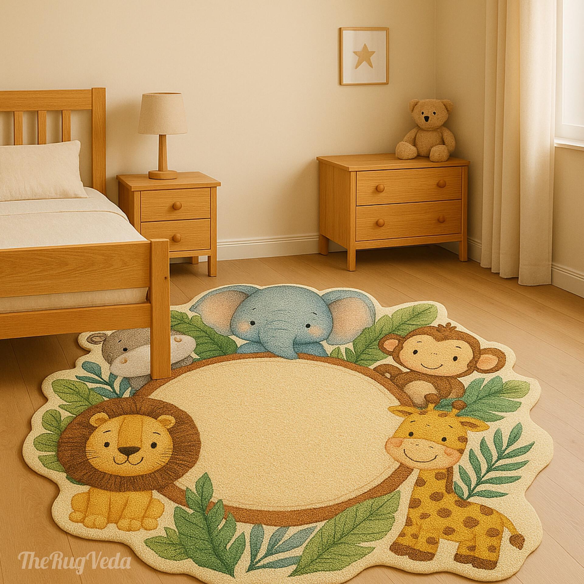 Hand Tufted Jungle Theme Wool Rug, Lion, Elephant, Giraffe & Monkey ...