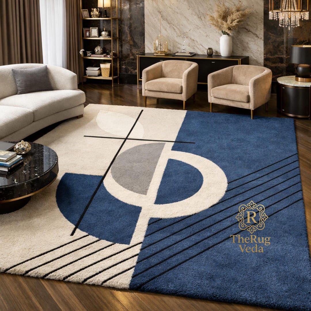 Handtufted Modern Abstract Wool Rug | Blue Beige Geometric Carpet ...