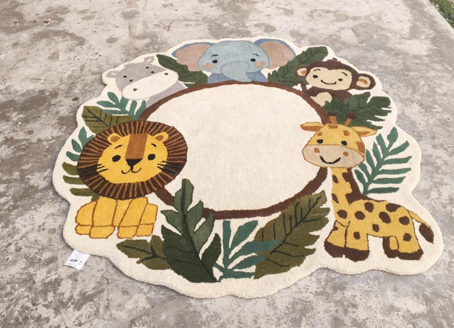 Hand Tufted Jungle Theme Wool Rug, Lion, Elephant, Giraffe & Monkey ...