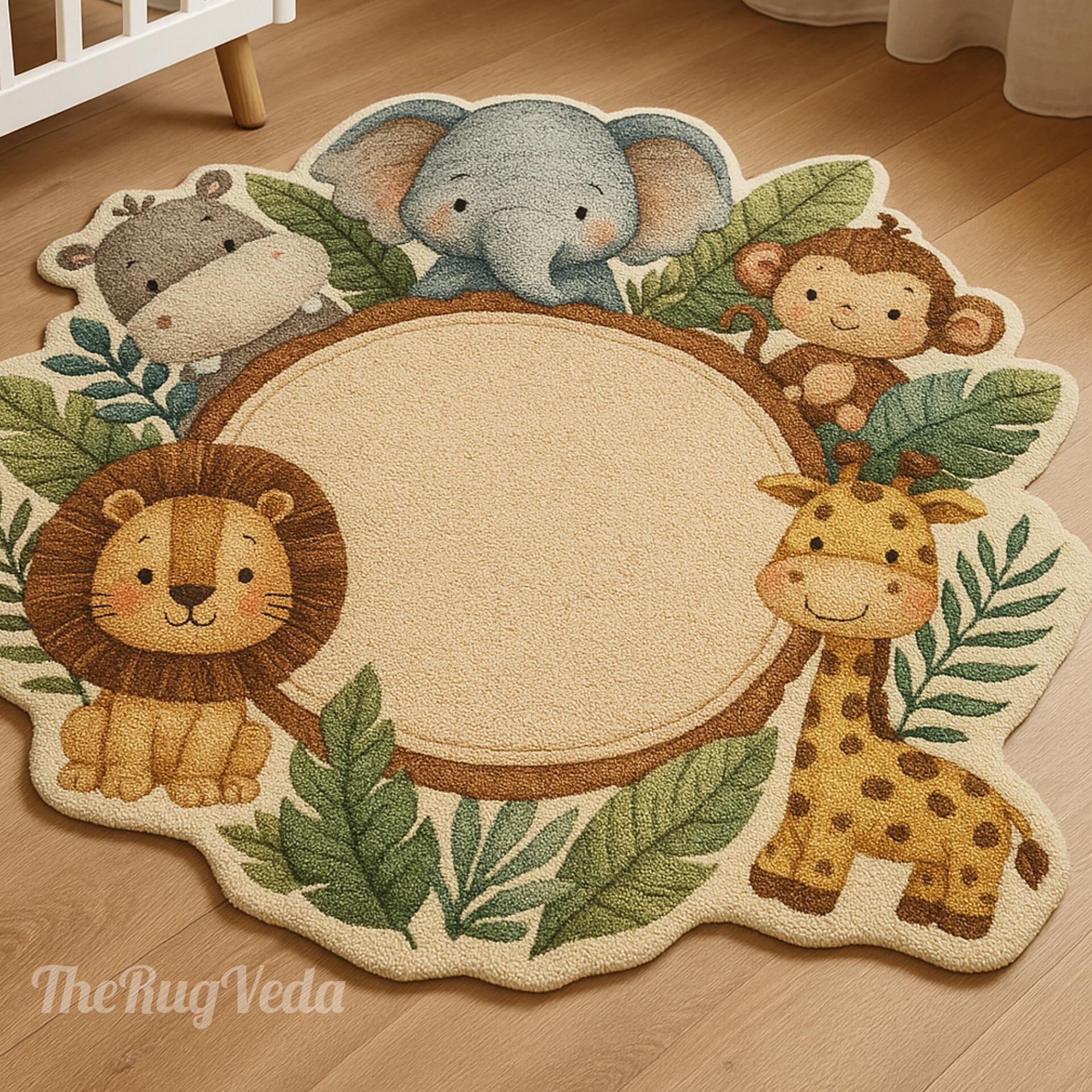 Hand Tufted Jungle Theme Wool Rug, Lion, Elephant, Giraffe & Monkey ...