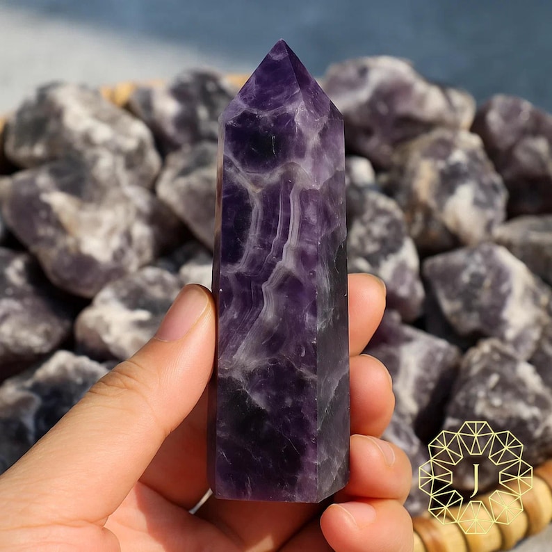 Chevron Amethyst Crystal Tower Point, Purple Gemstone Obelisk Wand ...