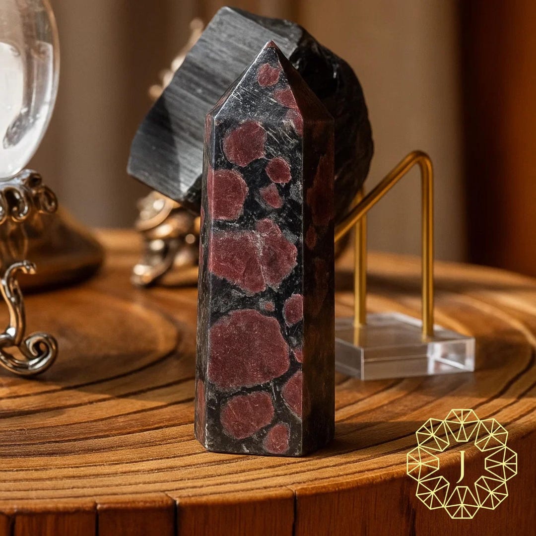 Natural Garnet Crystal Tower Point, Astrophyllite Gemstone Obelisk Wand ...