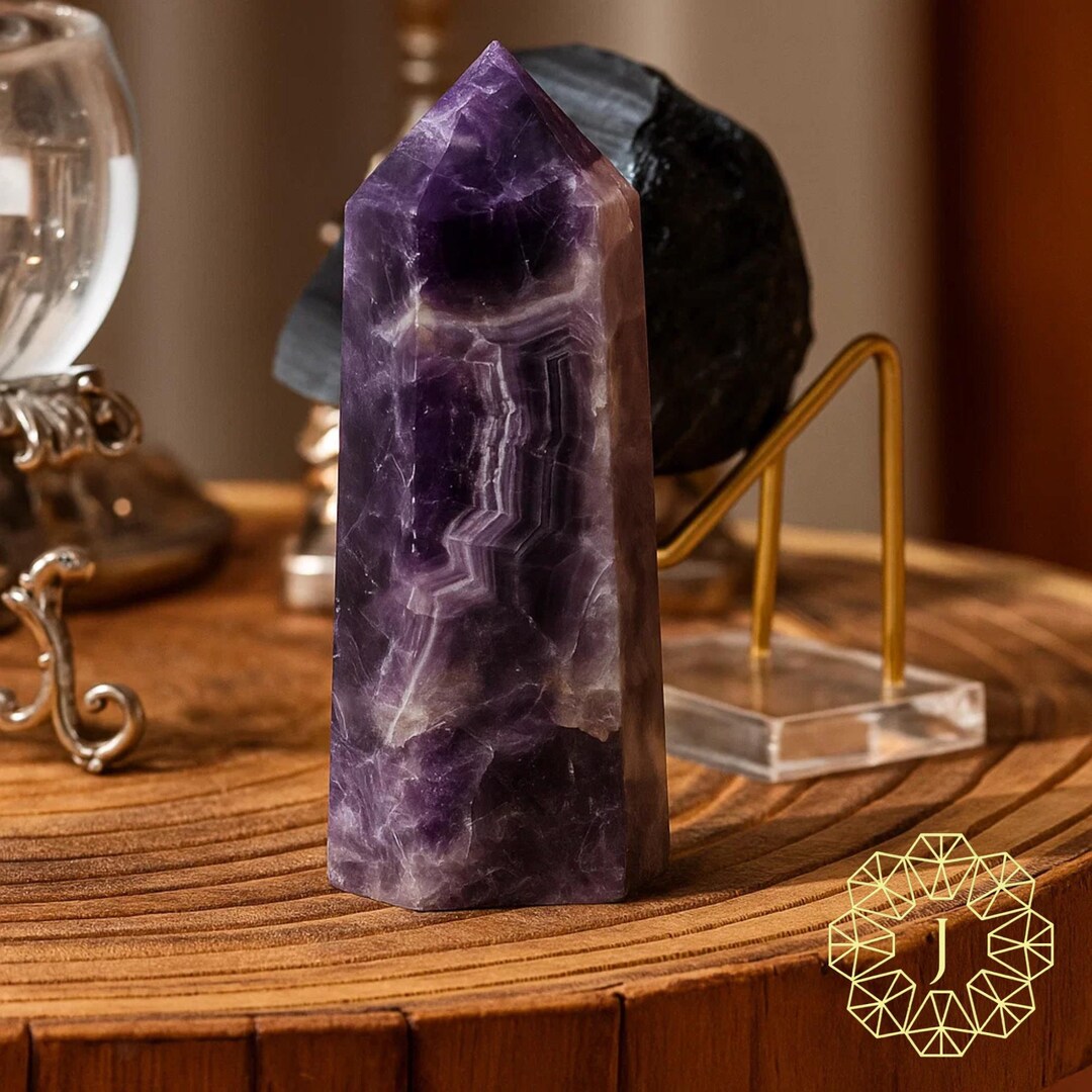 Chevron Amethyst Crystal Tower Point, Purple Gemstone Obelisk Wand ...