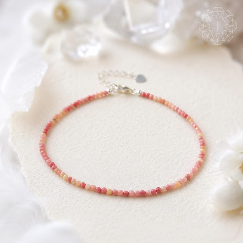 Rhodonite Anklet, Tiny Pink Crystal Beads, Minimalist Gemstone Ankle ...