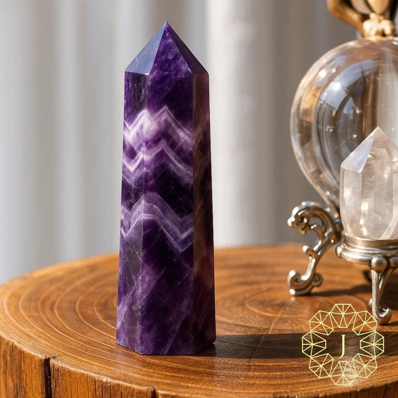 Chevron Amethyst Crystal Tower Point, Purple Gemstone Obelisk Wand ...