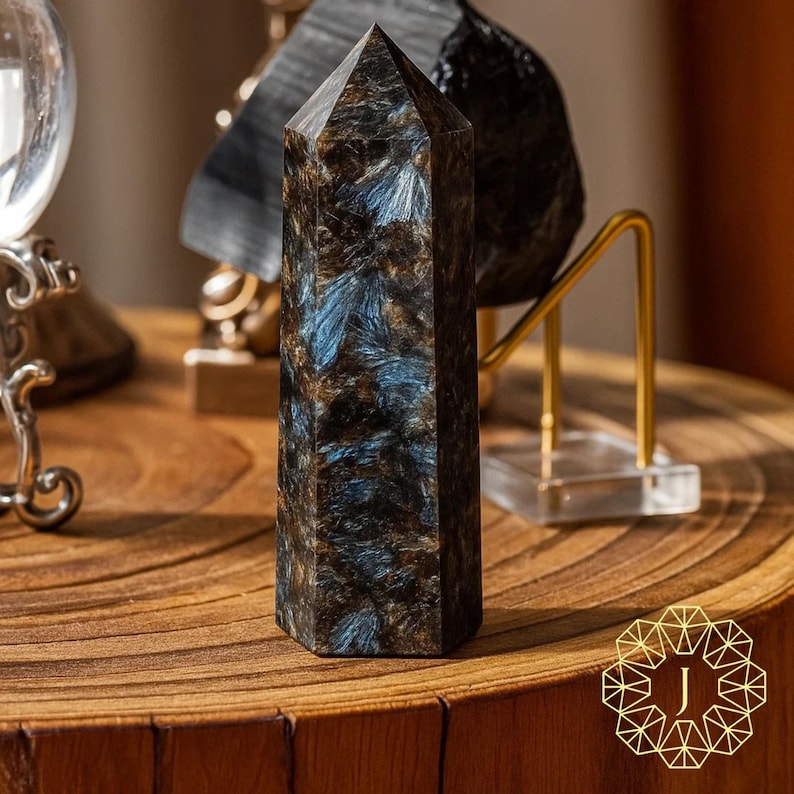 Arfvedsonite Tower Point, Natural Black Quartz Stone Obelisk Wand, Home ...