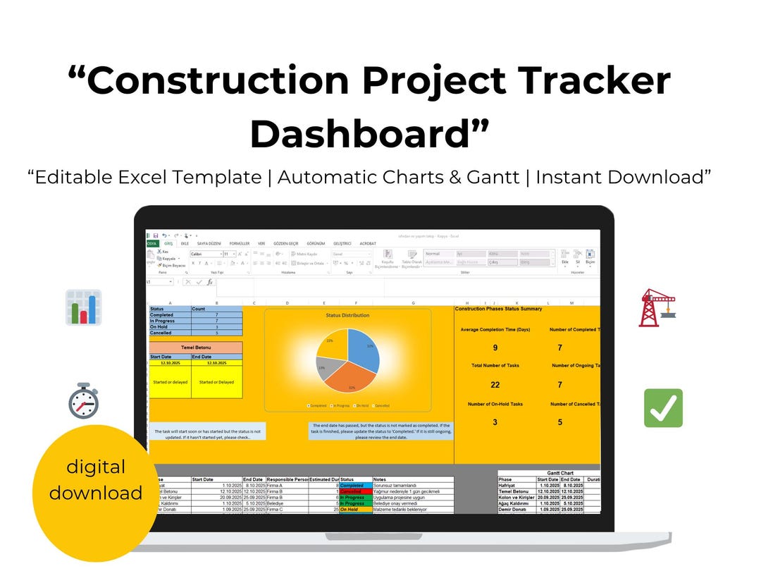 Excel Construction Template | Gantt Chart & Schedule Tracker | Project ...