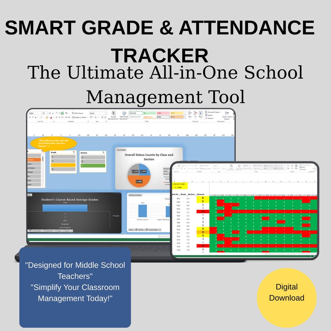 Middle School Teacher Gradebook | Automated Attendance Tracker Excel ...