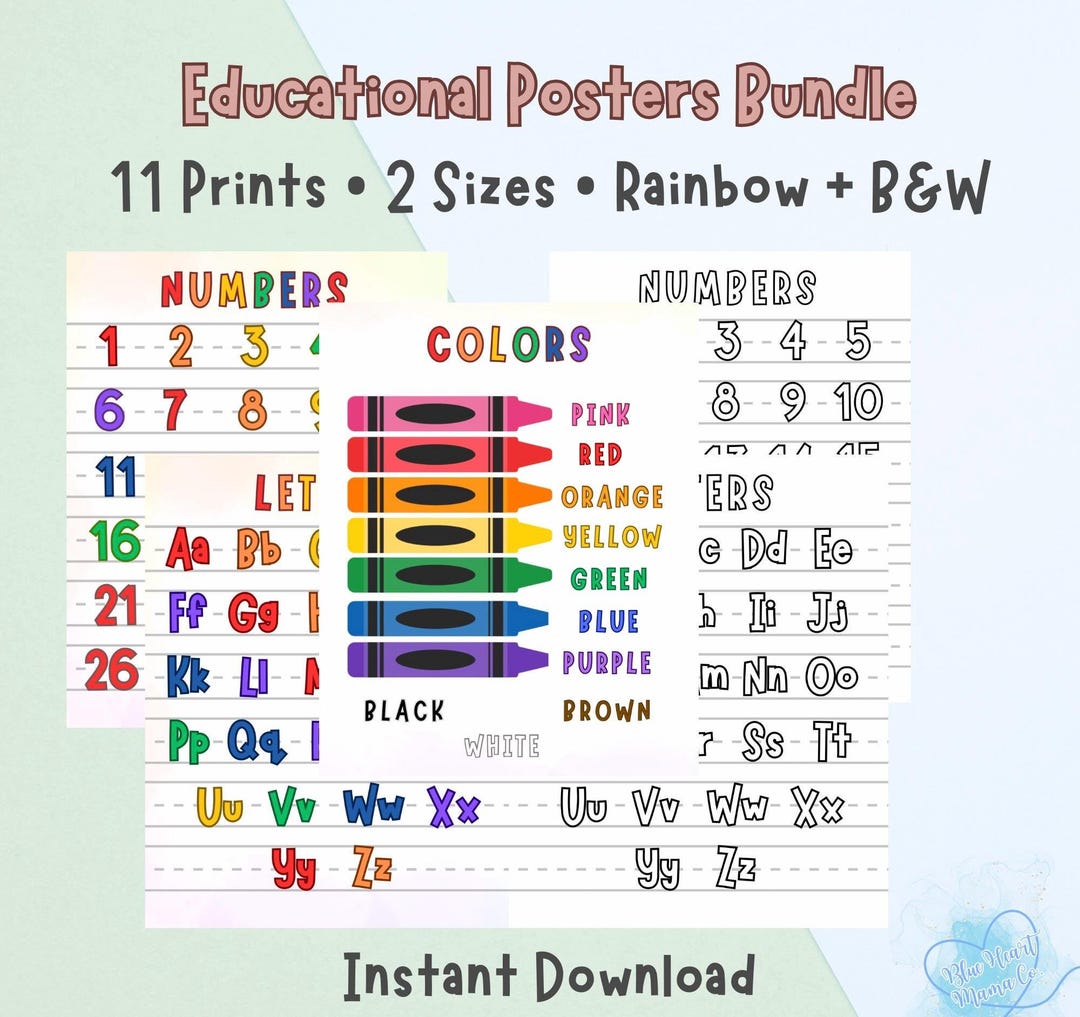 Kids Learning Printable Poster Bundle - Letters, Numbers, Colors ...
