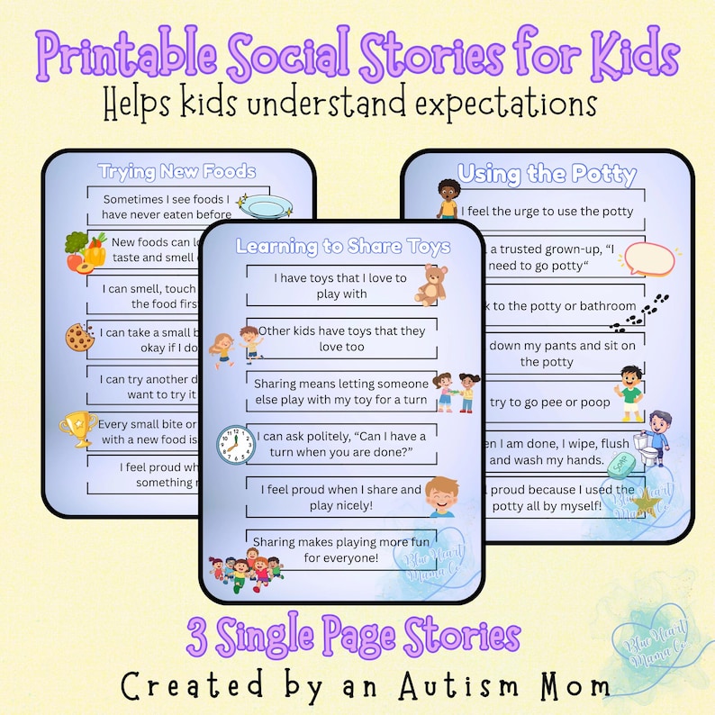 Social Stories for Kids Printable Bundle | Sharing, New Foods & Potty ...