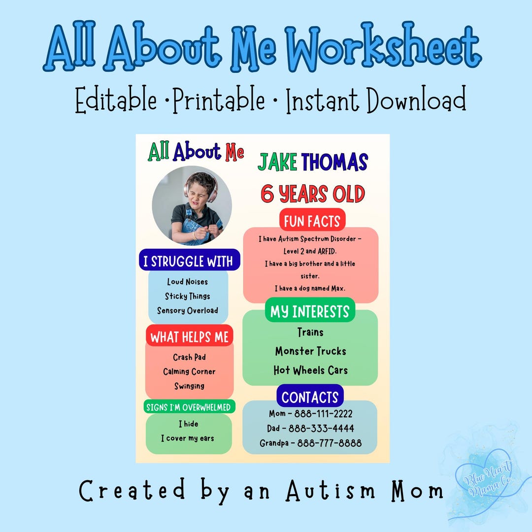 Autism All About Me Printable Worksheet - Editable Template - Etsy ...