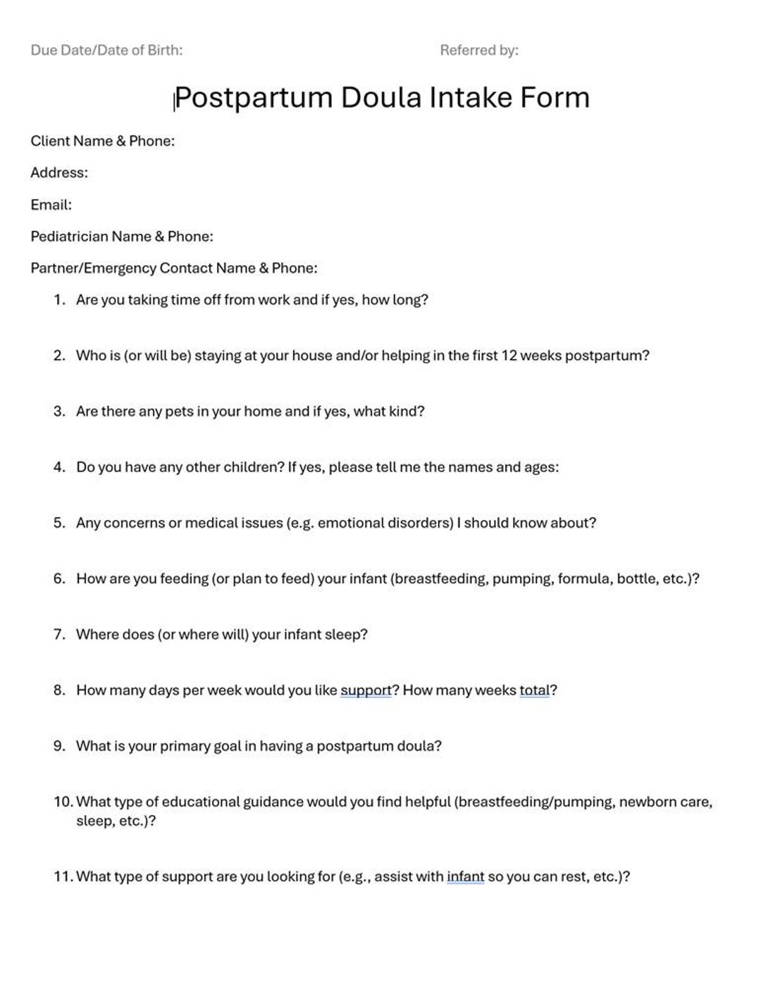 Postpartum Doula Intake Form - Etsy