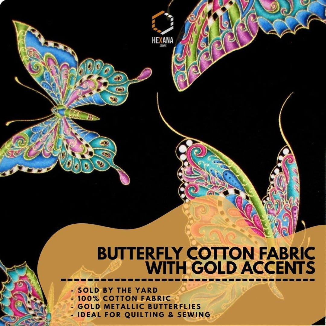 Butterfly Cotton Fabric by the Yard, Gold Accent Butterflies on Black ...