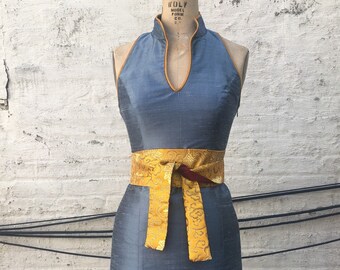 Slate Blue Silk Shantung Tea-length Modern Cheongsam Dress With Ruffle ...