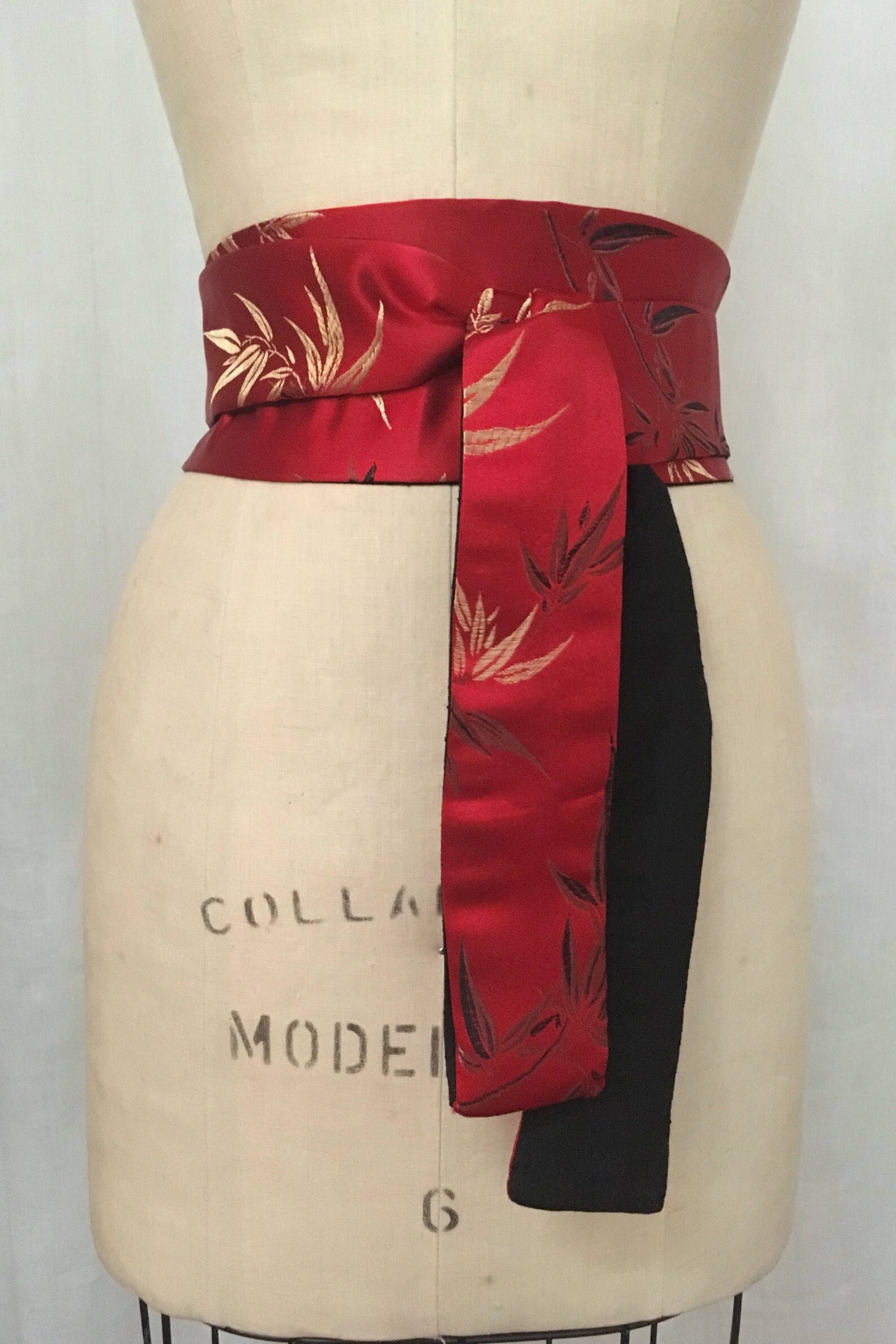 Red Bamboo Brocade and Black Silk Shantung Reversible Obi Sash | Etsy
