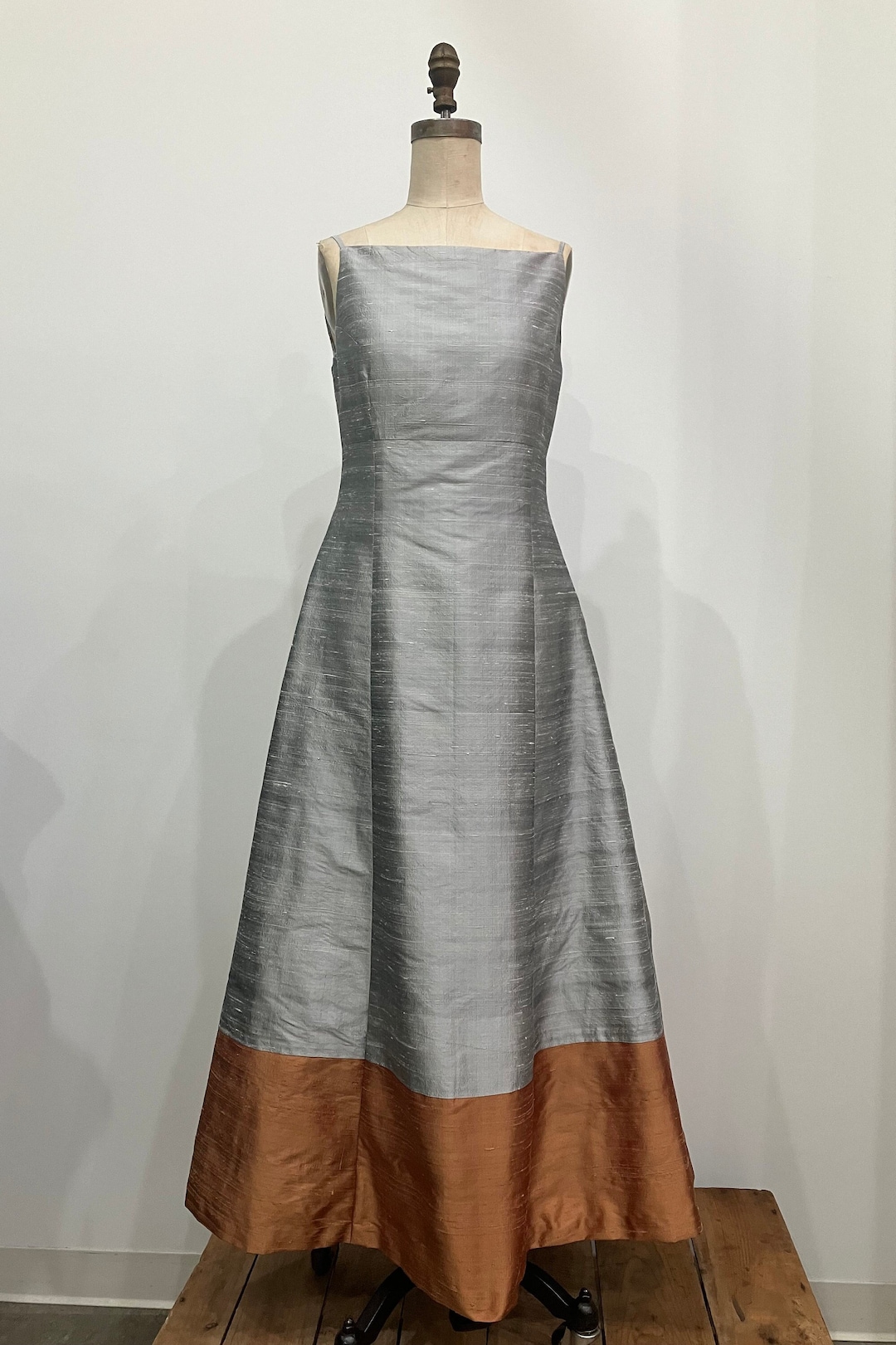 Silver Classic Silk Shantung A-line Gown With Contrast Border, Made to ...