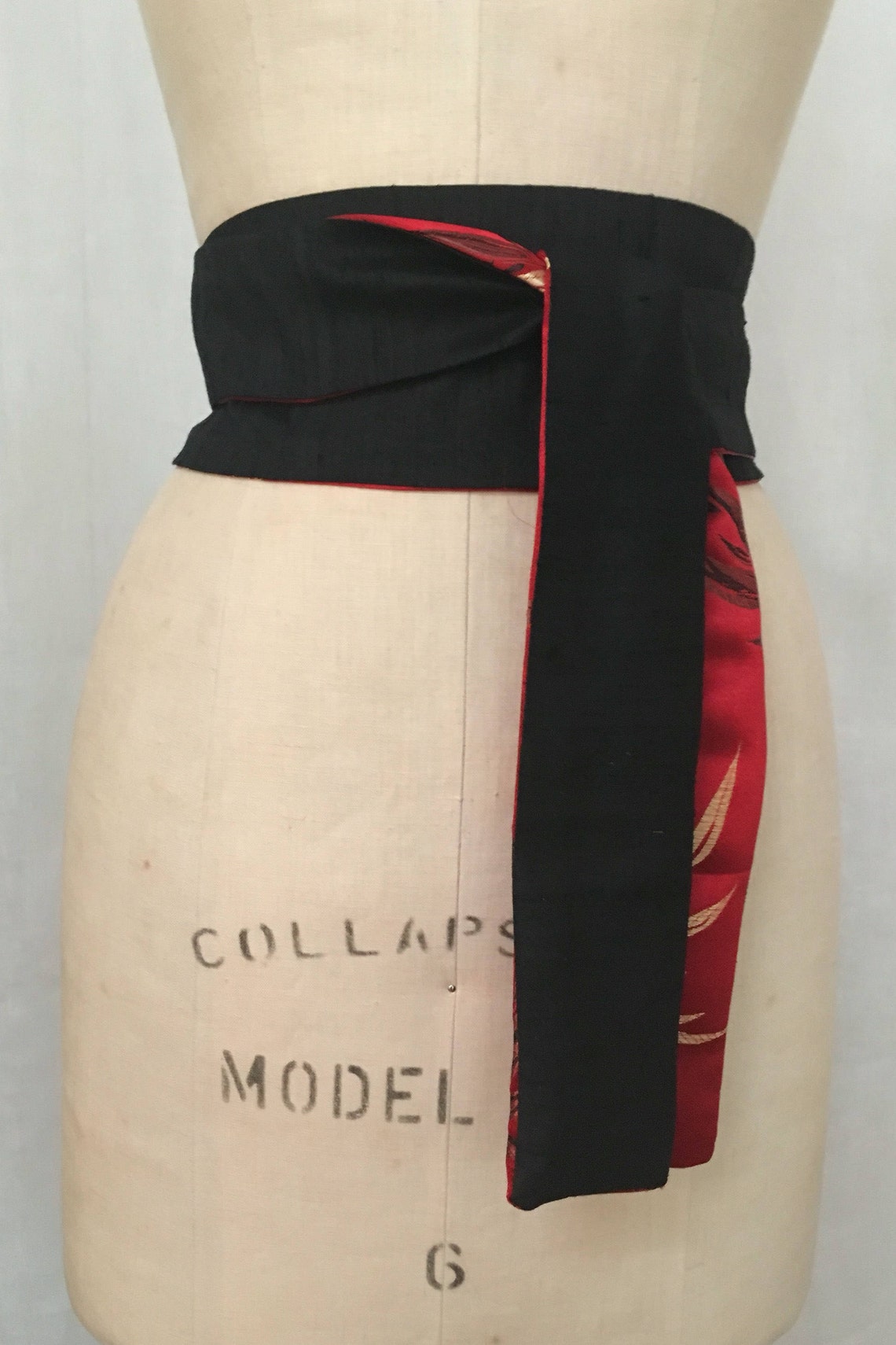 Red Bamboo Brocade and Black Silk Shantung Reversible Obi Sash | Etsy