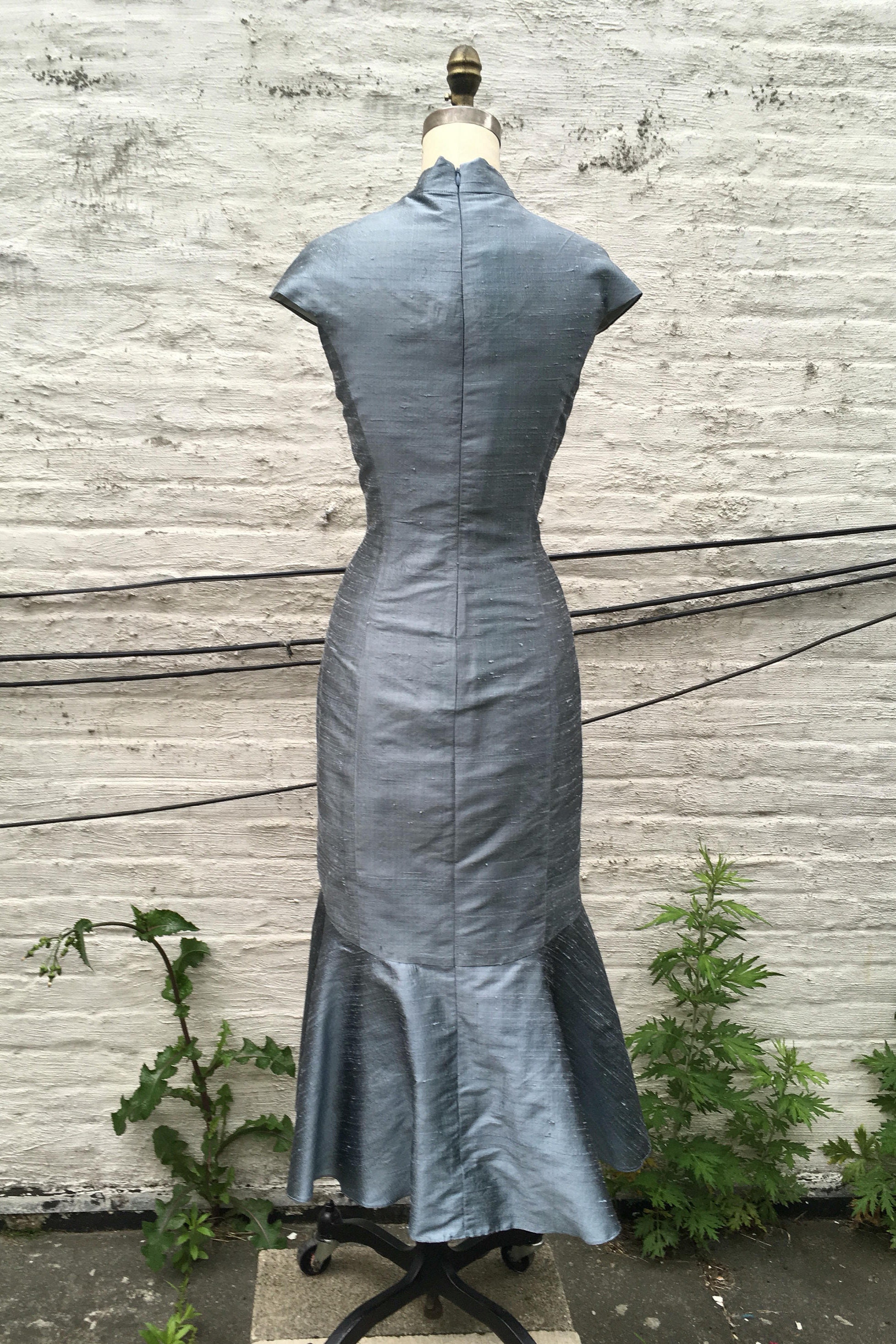 Slate Blue Silk Shantung Tea-length Modern Cheongsam Dress With Ruffle ...