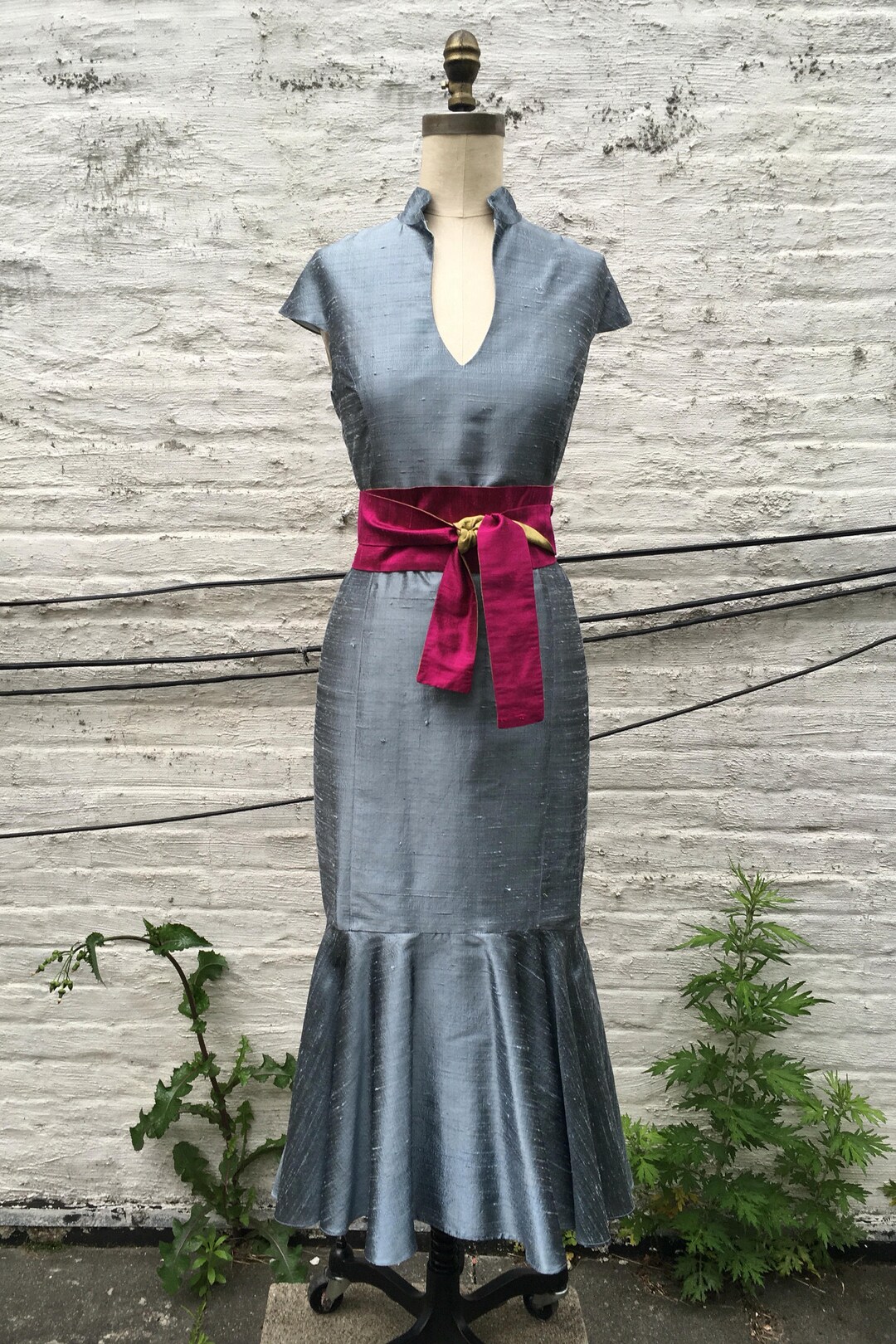 Slate Blue Silk Shantung Tea-length Modern Cheongsam Dress With Ruffle ...