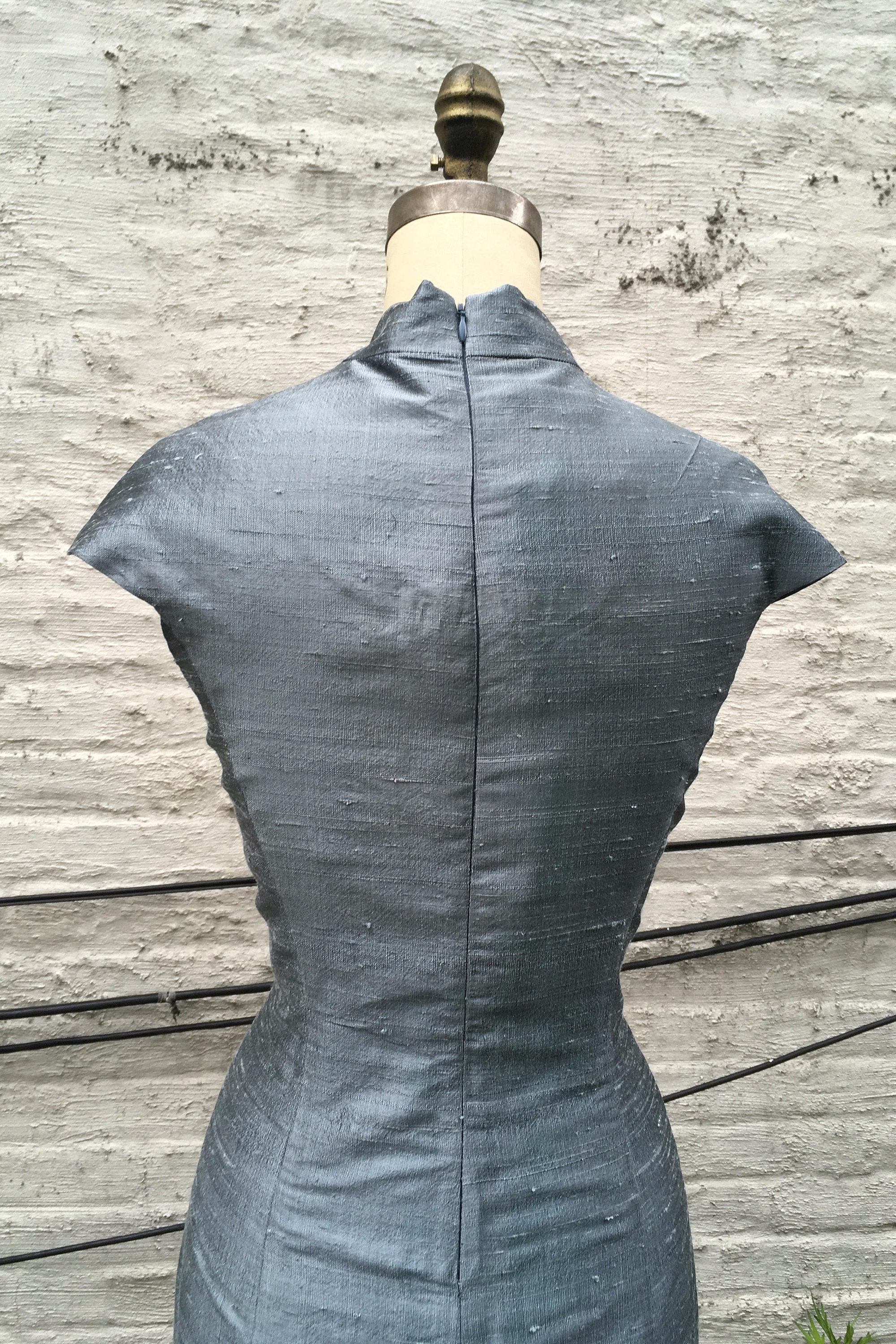 Slate Blue Silk Shantung Tea-length Modern Cheongsam Dress With Ruffle ...