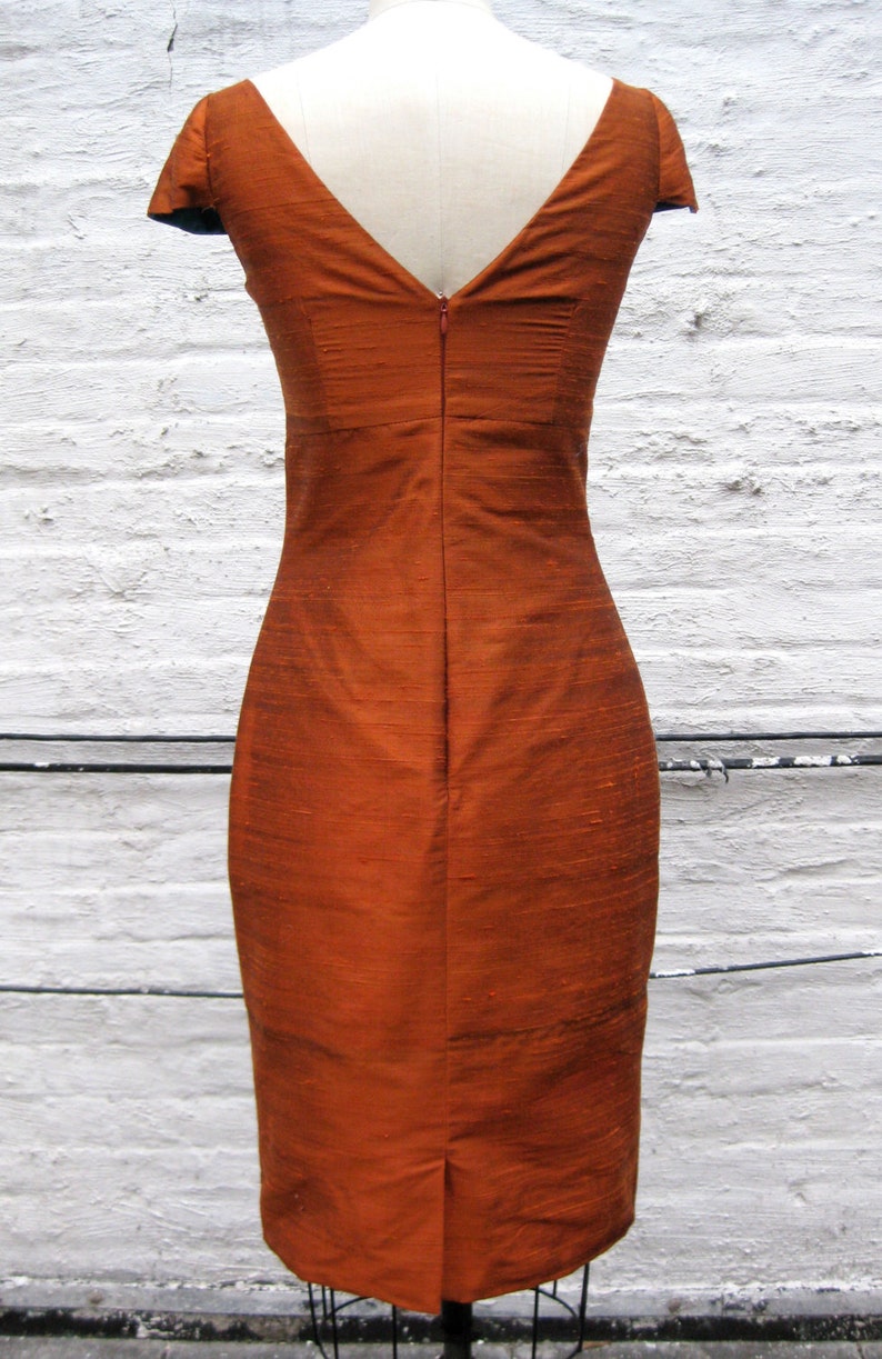 Orange Rust V-neck Cap-sleeve Fitted Silk Shantung Sheath Dress, Made ...