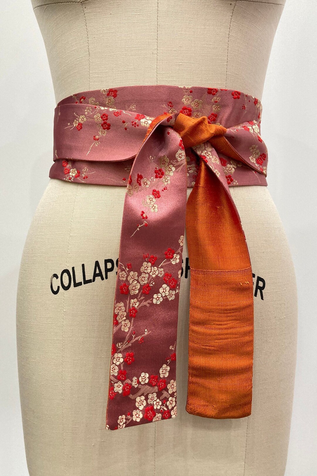 Pink and Red Cherry Blossom Brocade Obi Sash Reversing to Orange Silk ...