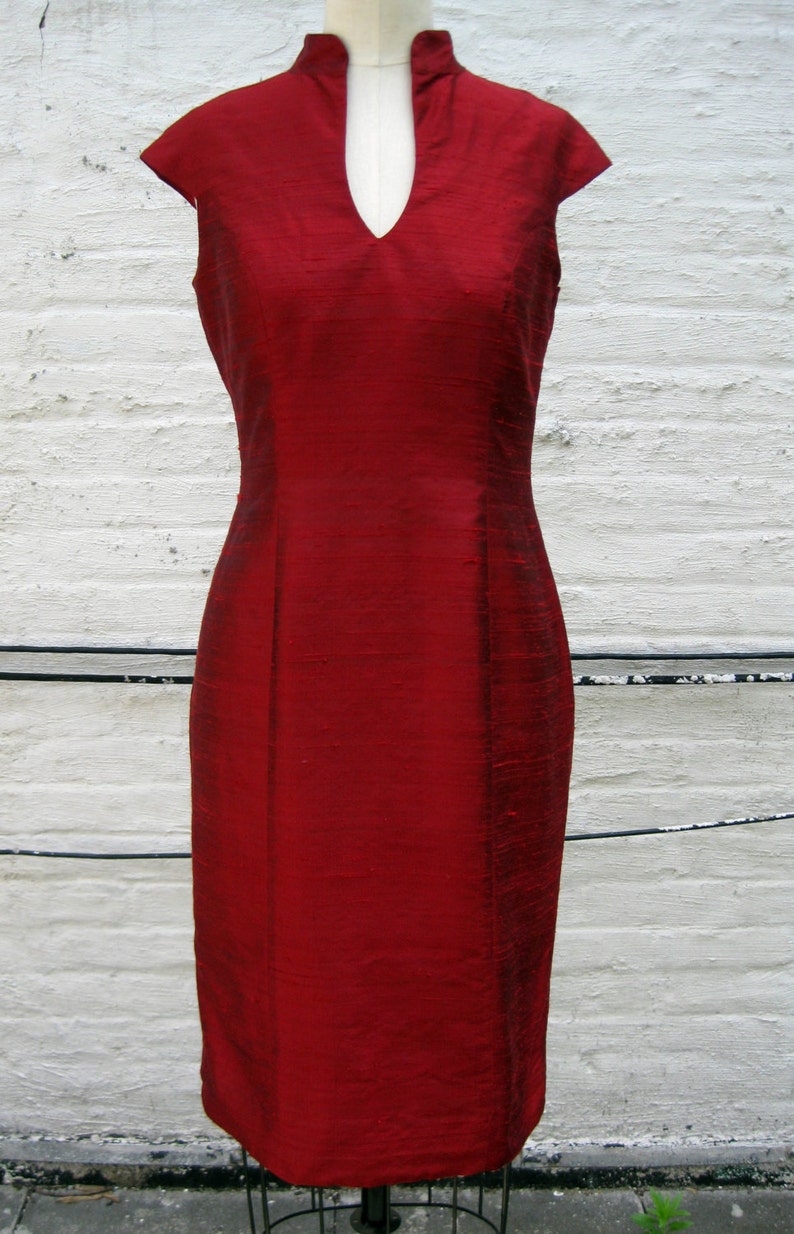 Ruby Red Mandarin Collar Fitted Shantung Cheonsam Dress | Etsy
