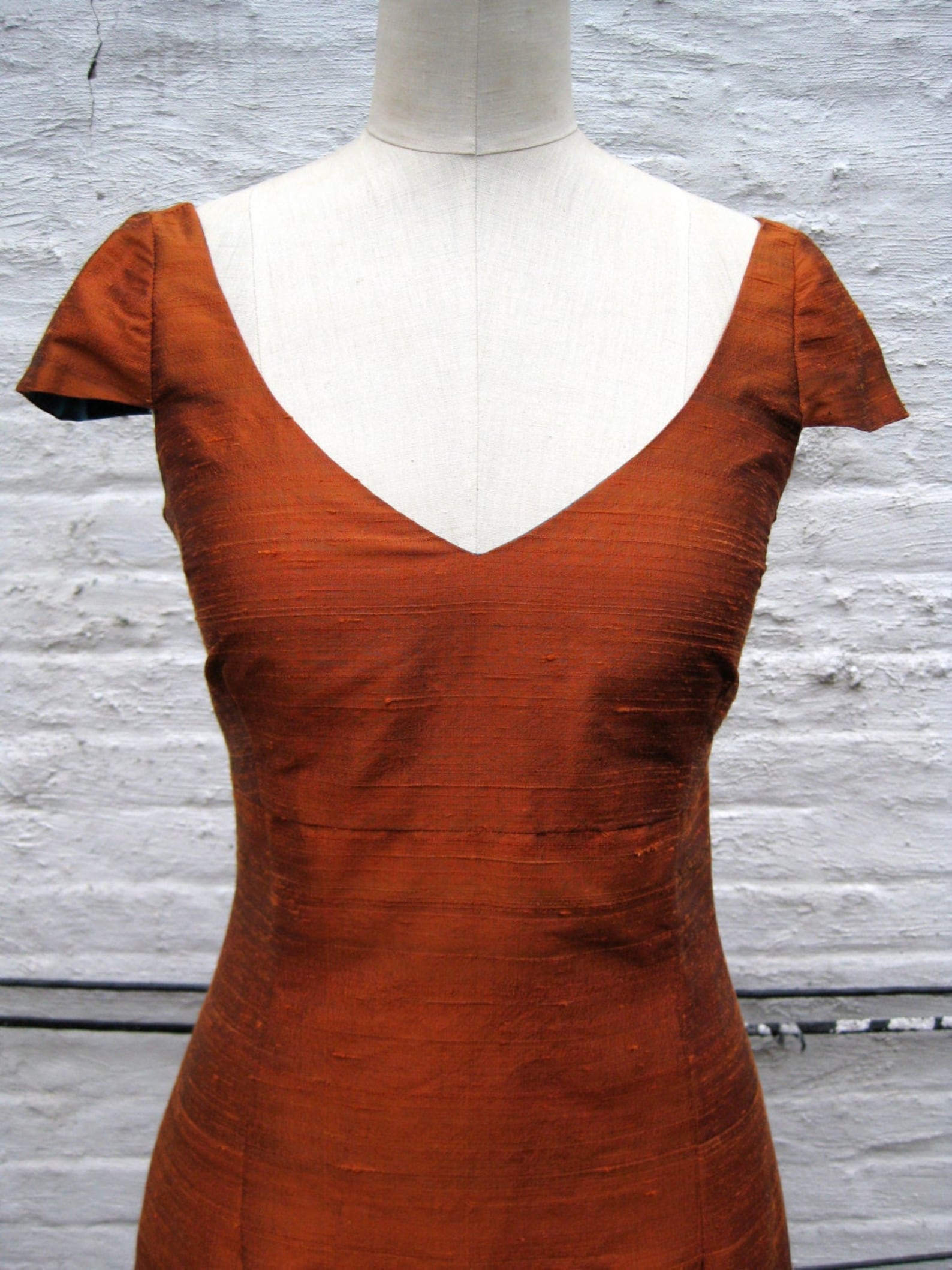 Orange Rust V-neck Cap-sleeve Fitted Silk Shantung Sheath Dress, Made ...
