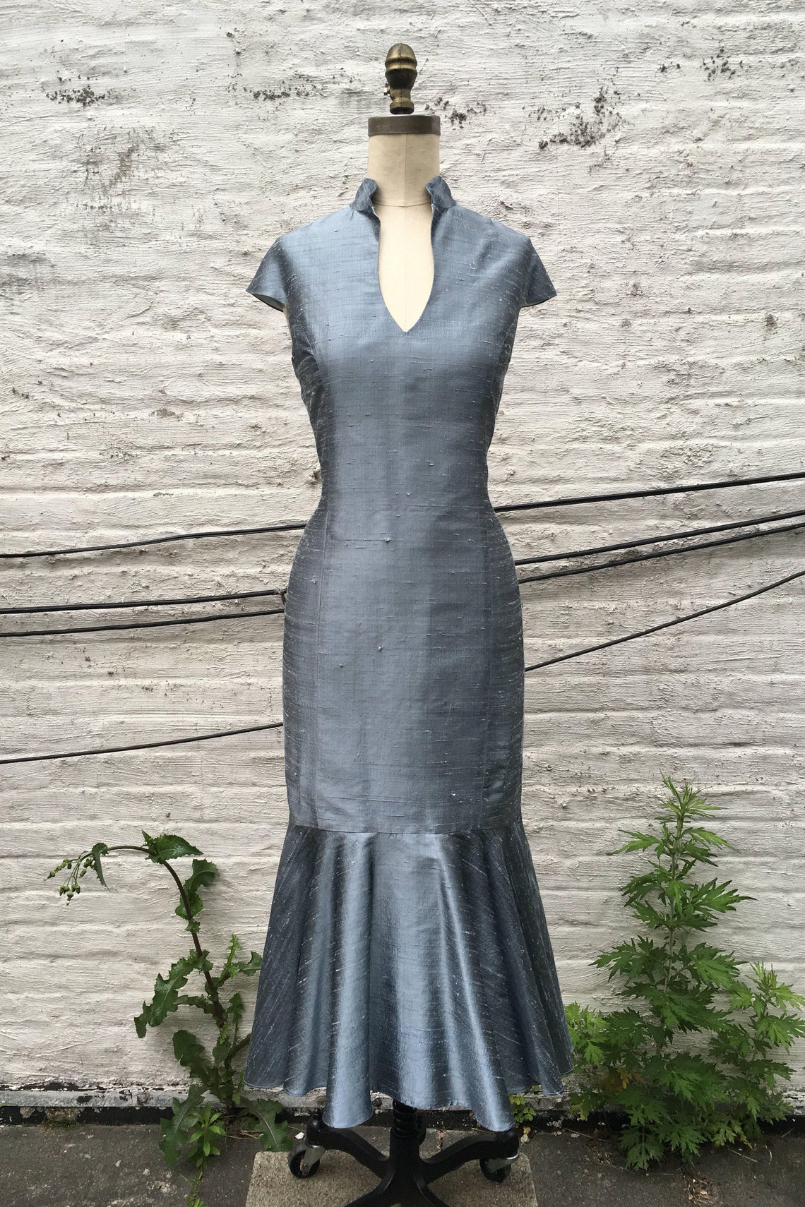 Slate Blue Silk Shantung Tea-length Modern Cheongsam Dress With Ruffle ...